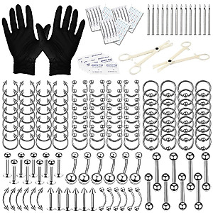 175 Pieces 14G and 16G Body Piercing Jewelry Starter Kit w Piercing Needles and 25 Pc Retainer Bonus