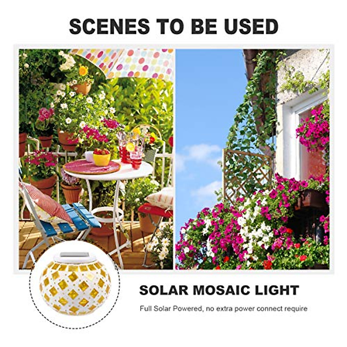 HEALLILY Fence Mosaic Lamp Weatherproof Solar Powered Glass Globe Ball Light LED Pathway Night Lamp for Home Garden Lawn Patio Yard