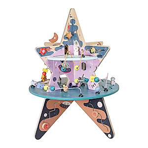 Manhattan Toy Double-Decker Celestial Star Explorer Wooden Activity Center with Shape Gliders, Spinners, Bead Runs and Alluring Artwork