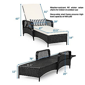 Black PE Rattan Patio Outdoor Chaise Lounge Chair Lounger Recliner Sunbathing Bed Thick Padded Cushion Lumbar Pillow 6 Adjustable Backrest Position Perfect for Poolside Deck Beach Balcony Use