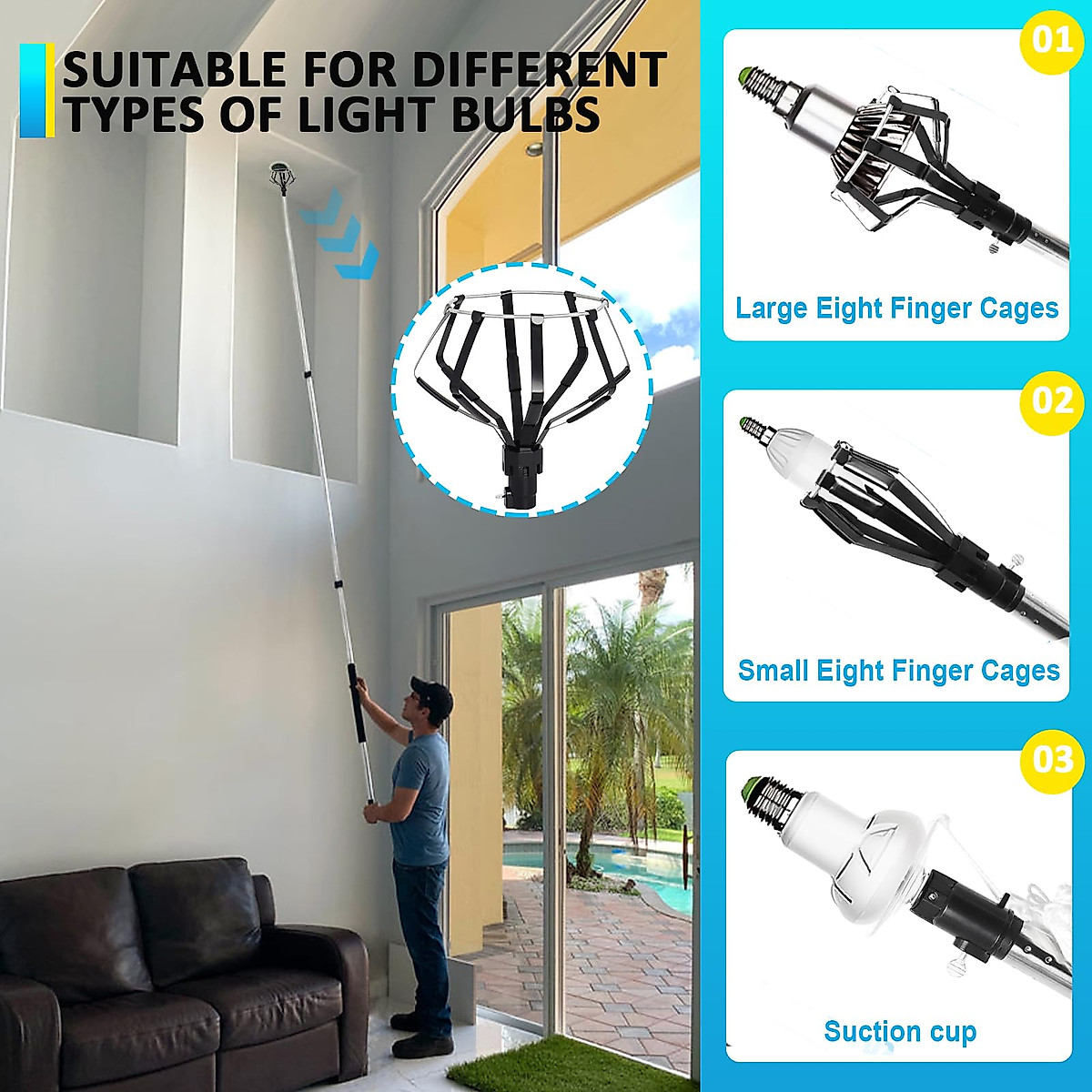 Hedday 12FT Light Bulb Changer for High Ceilings, Light Bulb Changer with Baskets and Suction Cup, High Reach Light Bulb Changer with Pole, Light Bulb Removal Tool