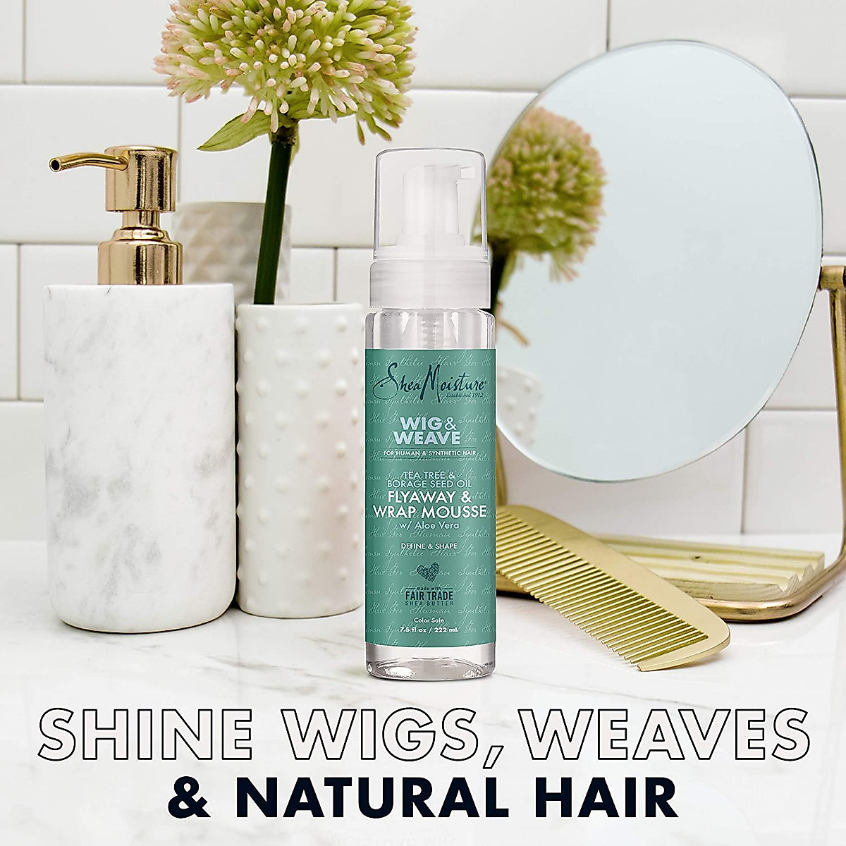 Shea Moisture Wig & Weave 3pc Bundle, Residue Remover Shampoo (13 Oz) + 2in1 Detangler Leave In Wig Conditioner (8 Oz) + Mousse (7.5Oz), Oil for Wigs, Wig Spray for Synthetic Wigs