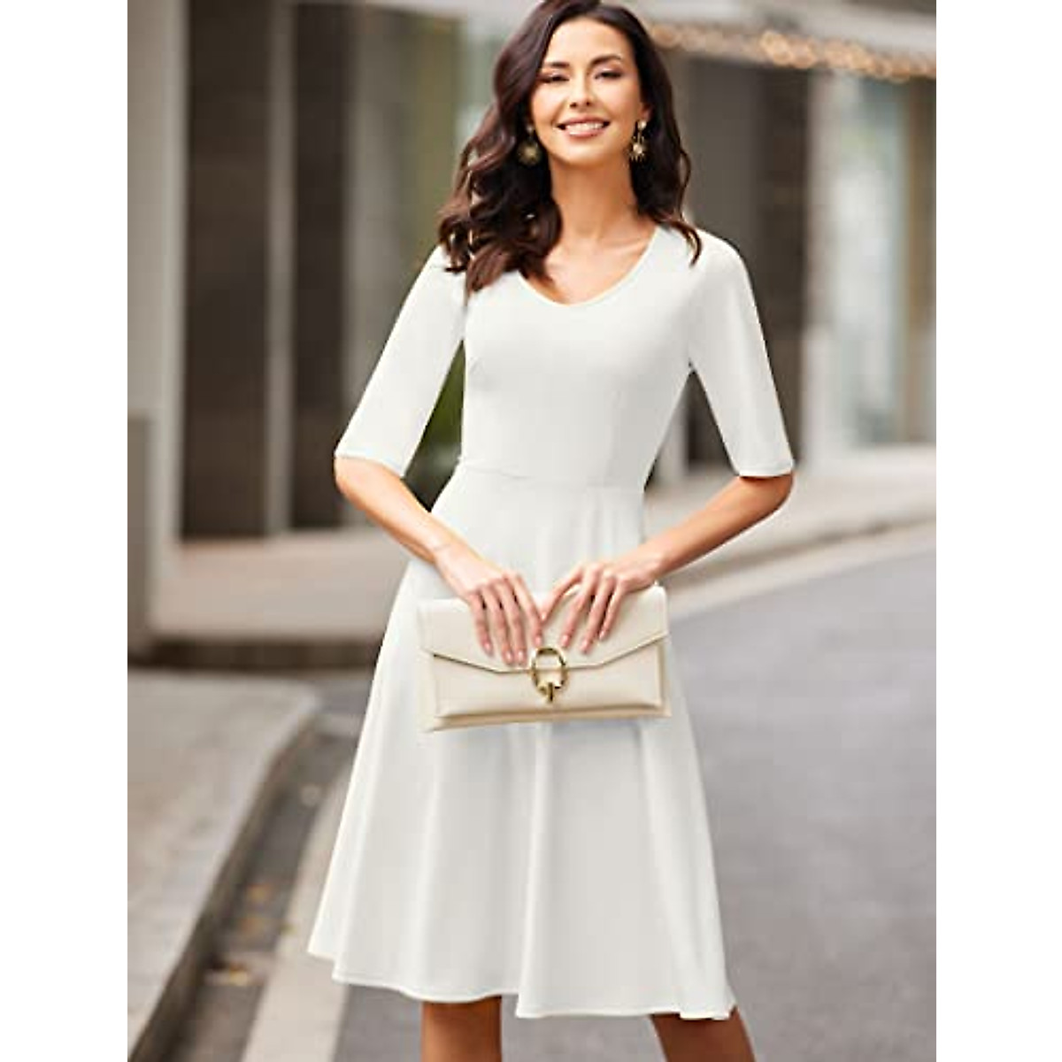 ELESOL Women's A-Line Dress Floral Print Knee Long Tea Dress,White/XL