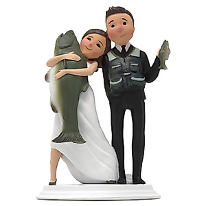 Dihtan Unique and Funny Fishing Wedding Cake Toppers Bride and Groom (Light Skin Dark Hair)
