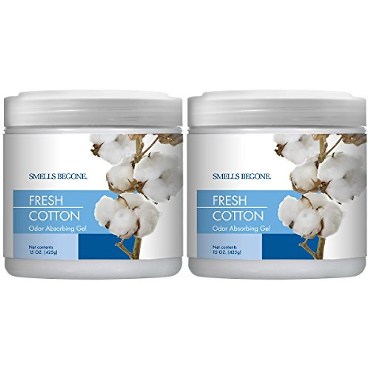 SMELLS BEGONE Air Freshener Odor Absorber Gel - Made with Essential Oils - Absorbs and Eliminates Odor in Pet Areas, Bathrooms, Cars, & Boats - Fresh Cotton Scent - 15 Ounce - 2 Pack