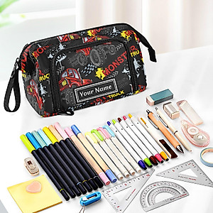 IHCVHQX Custom Pencil Case Red Monster Truck Car Personalized Name Large Capacity Pencil Pouch Portable Pencil Bag for Office School Teen Girl Boy Men Women