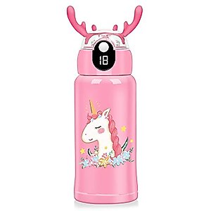 Temperature Display Kids Water Bottle，18 Oz，Straw Lid，Vacuum Insulated，316 Stainless Steel，Modern Double Walled Thermo Mug，Pink