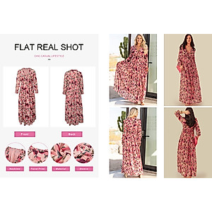 BLENCOT Womens Casual Floral Deep V Neck Long Sleeve Long Evening Dress Cocktail Party Maxi Wedding Dresses Floral Pattern Red Large