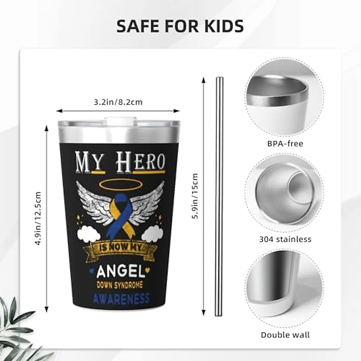 12oz Tumbler My Hero Is Now My Angel Down Syndrome Awareness Stainless Steel Cup With Straw And Lid Spill Proof Bulk Double Wall Vacuum Reusable Water Tumblers For Cold Hot Drink