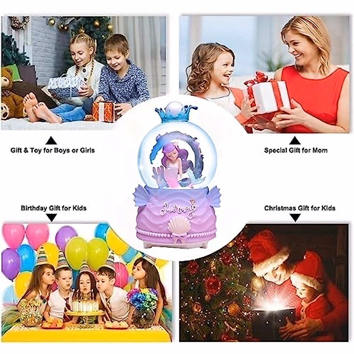 Snow Globe for Girls,100MM Mermaid Musical Snow Globes with Colorful Lights Automatic Snowflakes Christmas Birthday Gift for Age 5-12 Kids Granddaughter