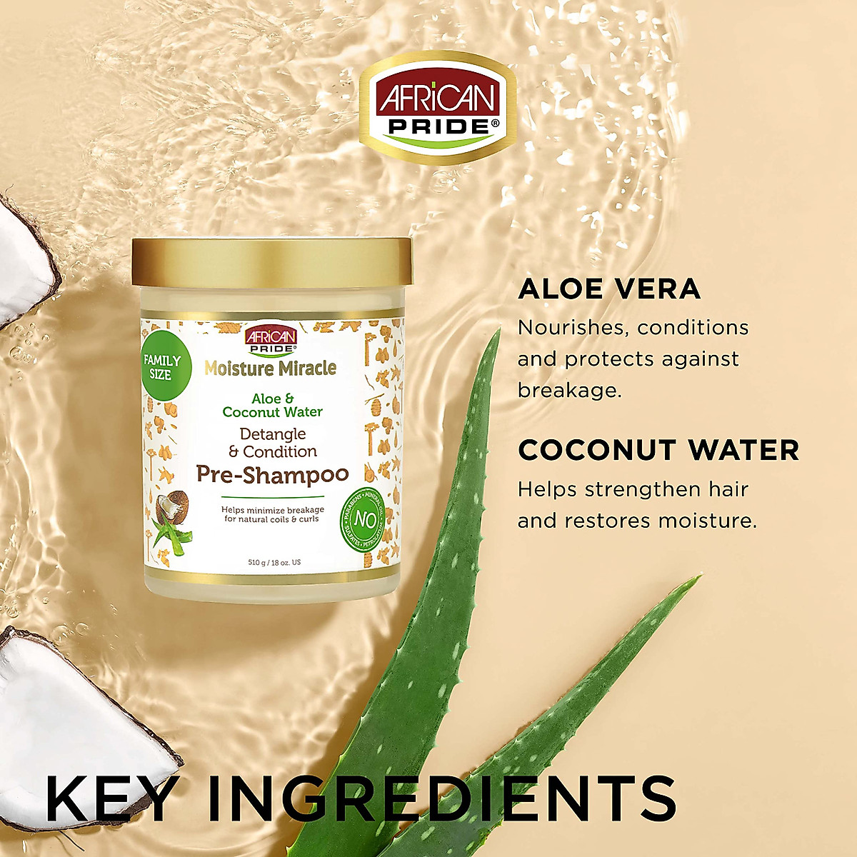 African Pride Moisture Miracle Aloe & Coconut Water Pre-Shampoo Detangler & Pre-conditioner - Helps Minimize Hair Breakage for Natural Coils & Curls, 18 oz.