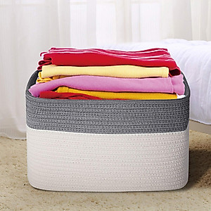 ANMINY Woven Cotton Rope Storage Baskets with Handles Large Washable Basket Decorative Storage Bins Boxes Nursery Baby Kid Toy Blanket Clothes Towel Laundry Organizer Containers - White/Gray