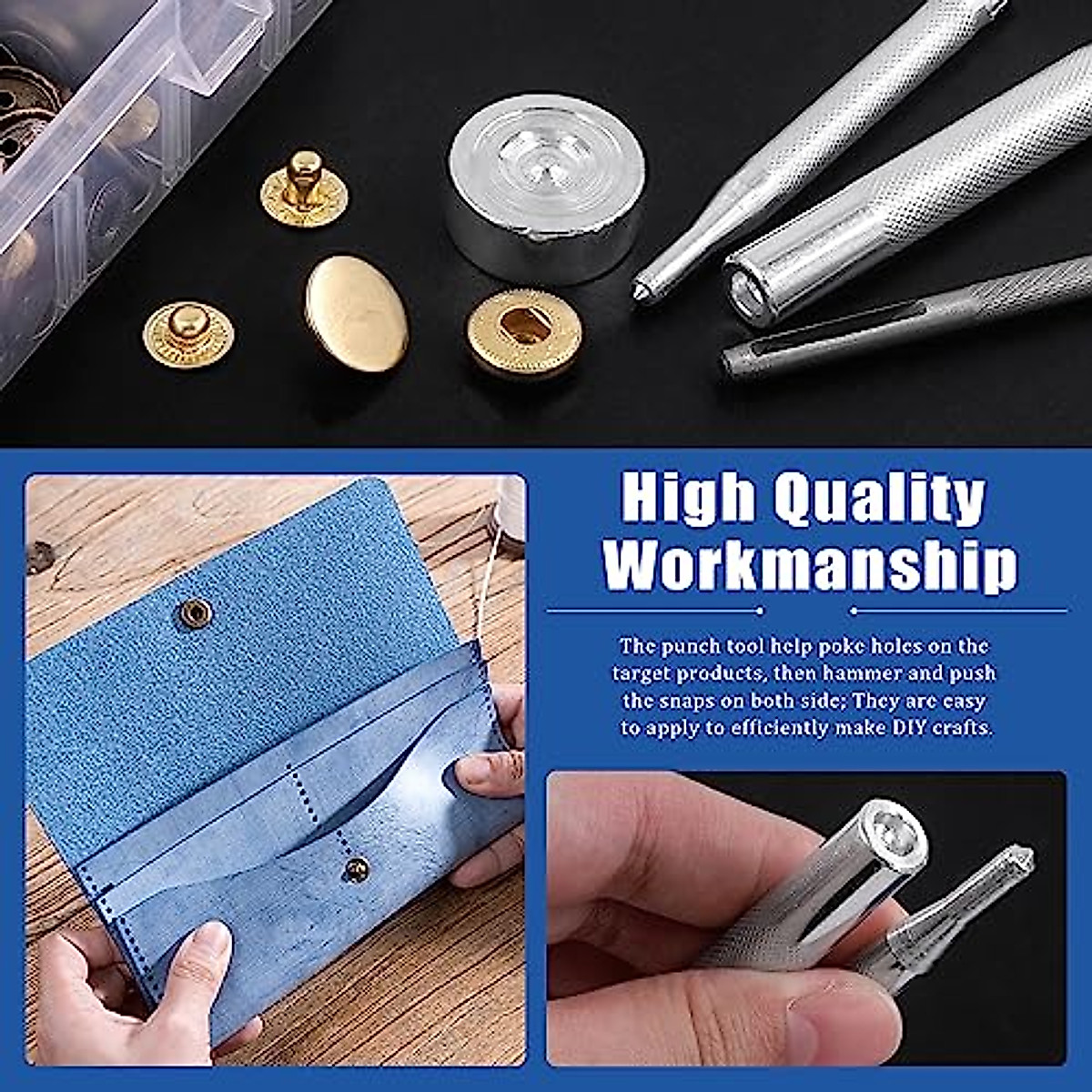 Glarks 60 Sets Leather Snap Fasteners Kit, 15mm 6 Colors Metal Snap Buttons Press Studs with 7Pcs Setting Tools, Hammer, Grease Pencils and Tape Measure for DIY Leather Craft, Clothes, Bags