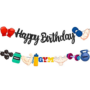 Gym Birthday Party Banner Weight Lifting Birthday Party Decorations 2Pcs Glitter Fitness Birthday Party Banners Gym Happy Birthday Banner for Gym Theme Baby Shower Supplies