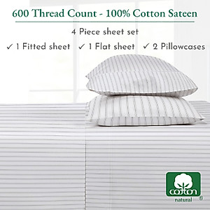 CALIFORNIA DESIGN DEN 5-Star Hotel 600 Thread Count 100% Cotton, Soft & Smooth Queen Sheet Set with Deep Pockets, Quality Beats Egyptian Cotton Claims (Ticking Stripe Grey)