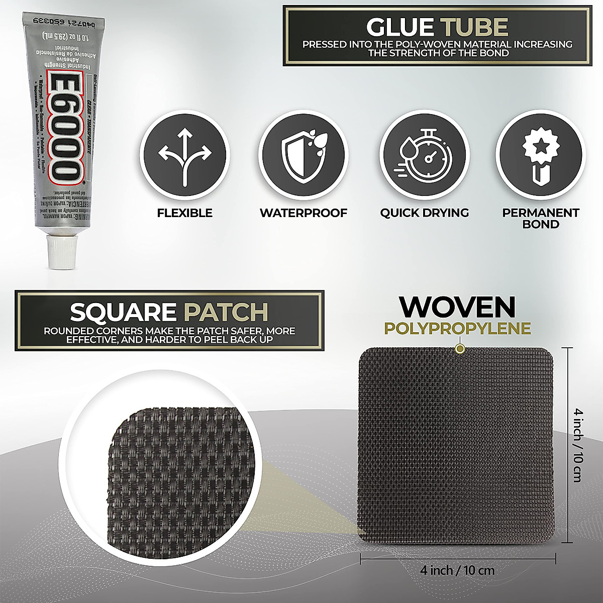 Trampoline Repair Patch Kit 4 x 4 Square Patches for Repairing Holes or tears in a Trampoline Mat (Square)