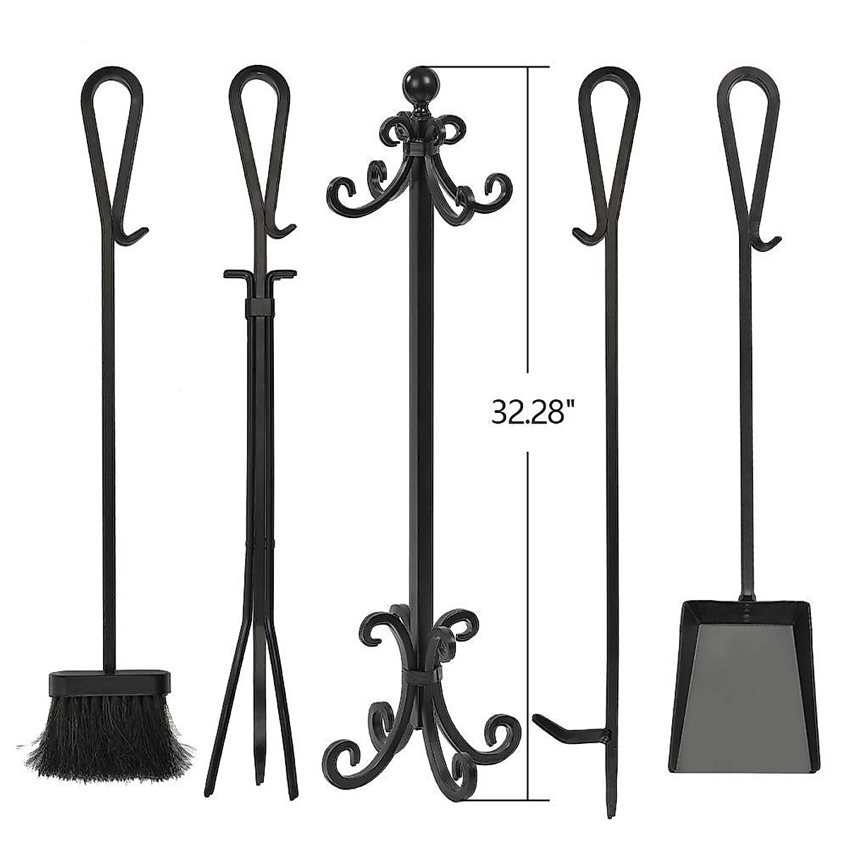AMAGABELI GARDEN & HOME 5 Pieces Fireplace Tools Set Black Cast Wrought Iron Tool Set with Log Holder Fire Set Stand Scroll Rustic Antique Accessories Set