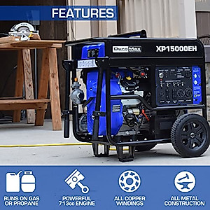 DuroMax XP15000EH Dual Fuel Portable Generator-15000 Watt Gas or Propane Powered Electric Start-Home Back Up & RV Ready, 50 State Approved, Blue and Black