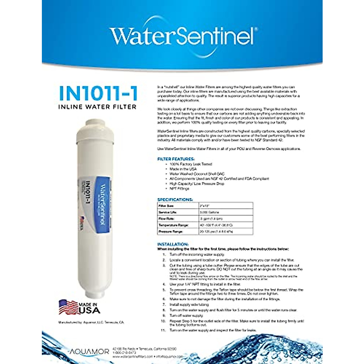 WaterSentinel WS-IN1011-1 10 Inch Inline GAC Water Filter, 1/4 INCH FNPT