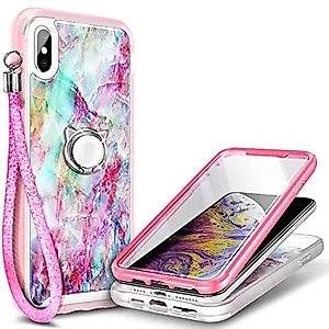 NGB Supremacy Compatible with iPhone XR Case, Full Body Protection with [Built-in Screen Protector] Ring Holder/Wrist Strap, Slim Fit Shockproof Bumper Durable Cover Case (Marble Fantasy)