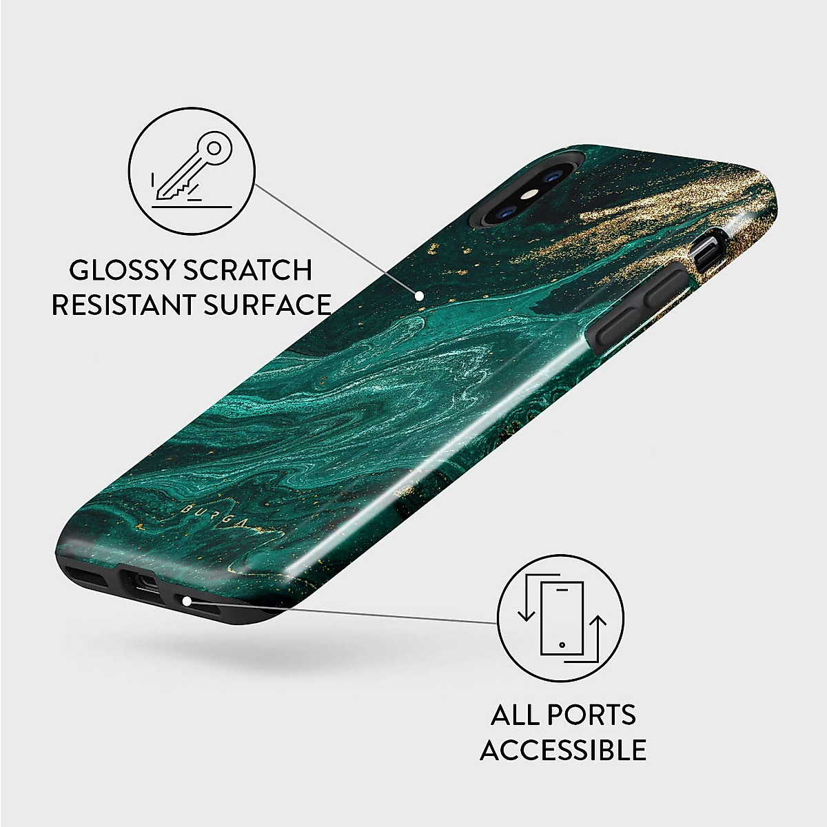 BURGA Phone Case Compatible with iPhone X/XS - Hybrid 2-Layer Hard Shell + Silicone Protective Case -Emerald Green Jade Stone High Luxury Gold Glitter Marble - Scratch-Resistant Shockproof Cover