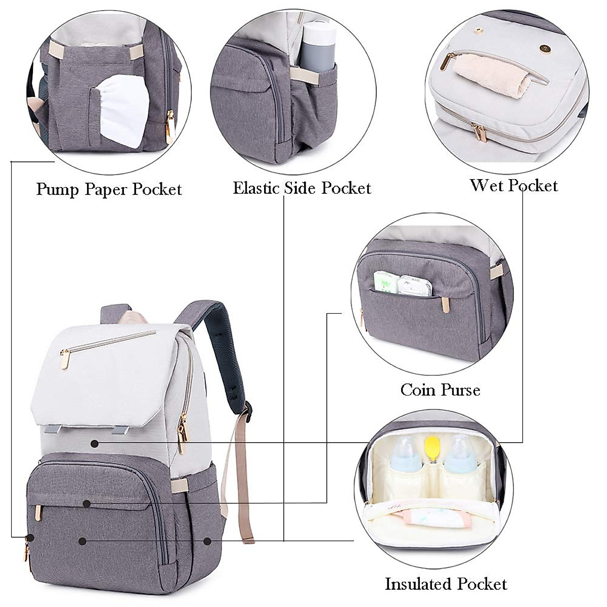 OUSIJOJO Diaper Bag Backpack, Modern Diaper Bag with USB Charging Port and Stroller Straps Baby Bags for Boys Girls, Large Capacity Multifunction Travel Nappy Back Pack for Moms Dads,Beige