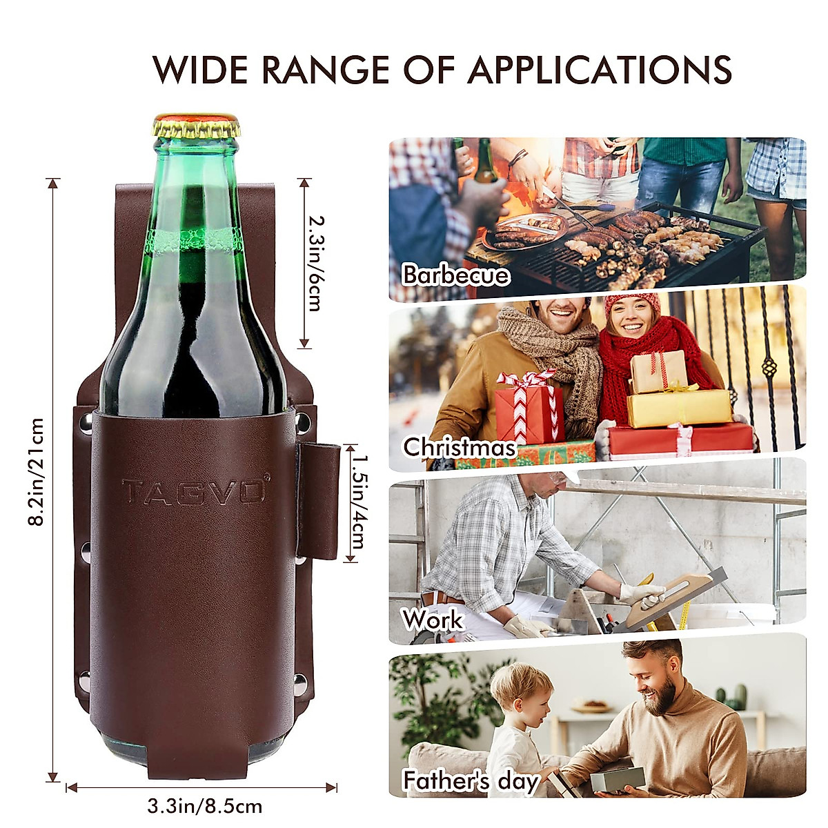 TAGVO Beer Holster, Leather Classic Beer Holster Bottle Holders - Brass Whistle Bottle Opener Included, Gift for Men Father Day