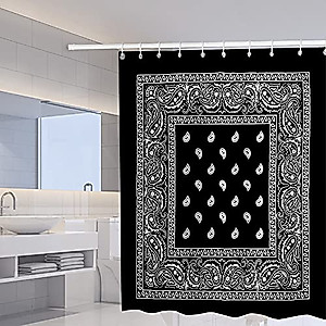 Paisley Black Bandana Bohemian Ethnic Pattern Waterproof Printing 4 Piece Shower Curtain Set with Non-Slip Carpet U-Shaped Bath mat Modern Bathroom Curtain Toilet Cover Cover 72x72 inches