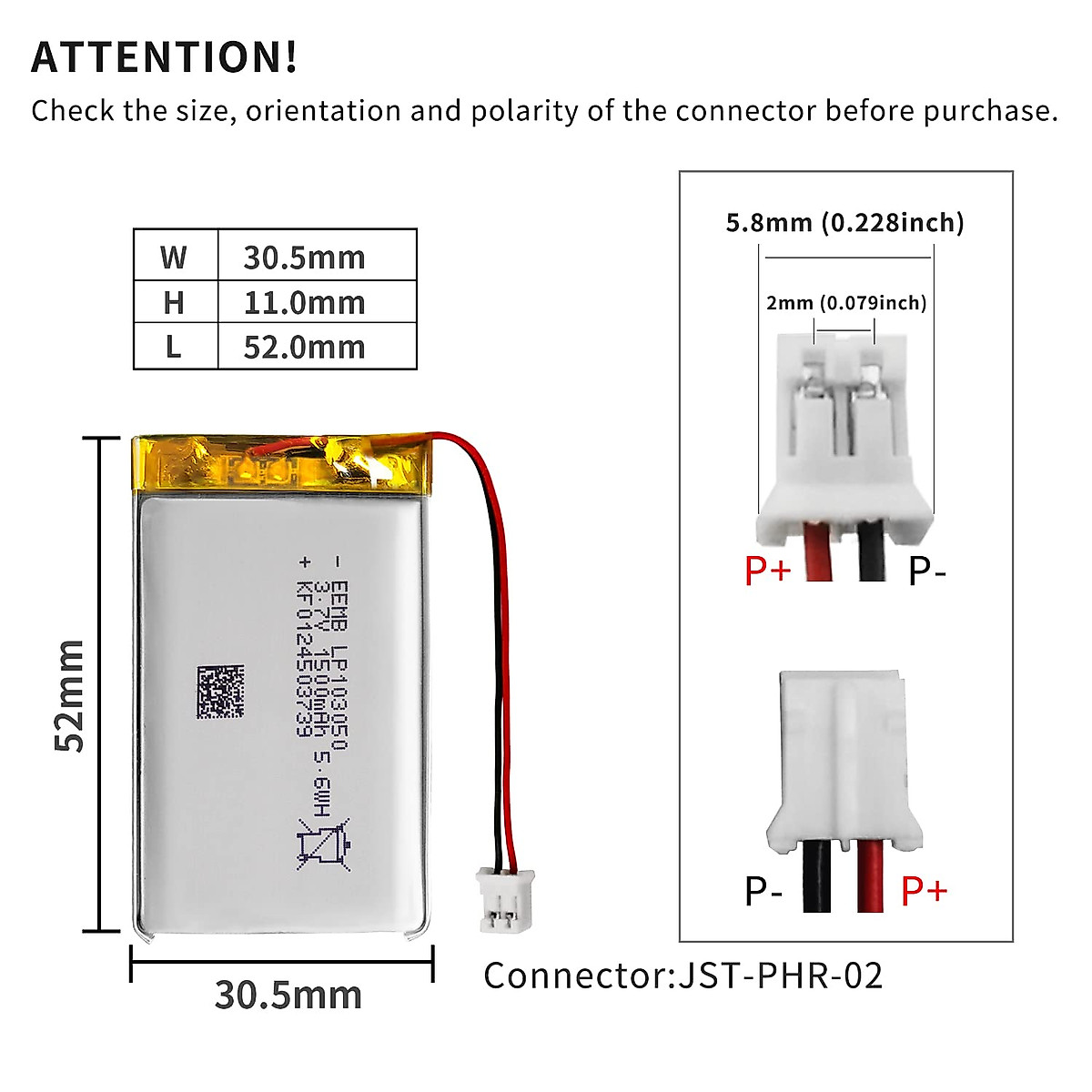 EEMB Lithium Polymer Battery 3.7V 1500mAh 103050 Lipo Rechargeable Battery Pack with Wire JST Connector for Speaker and Wireless Device- Confirm Device & Connector Polarity Before Purchase