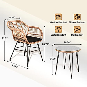 Leasbar 3 Piece Patio Conversation Bistro Set Porch Furniture Rattan Wicker Chairs，Outdoor Modern Garden Furniture Set for Porch Backyard Pool