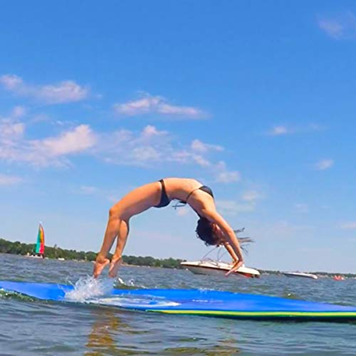 GYMAX Floating Water Pad, 9'/18' x 6' Water Foam Mat with Rolling Pillow, 3-Layer Floating Island for Pool River Lake Beach Ocean Water Activities (Blue, 9 Feet)