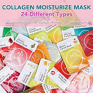 24Pack Collagen Essence Sheet Facial Masks, Face Masks Skincare, Hydrating Face Masks, Moisturizing and Soothing, Natural Skin Care Spa Face Mask, For All Skin Types