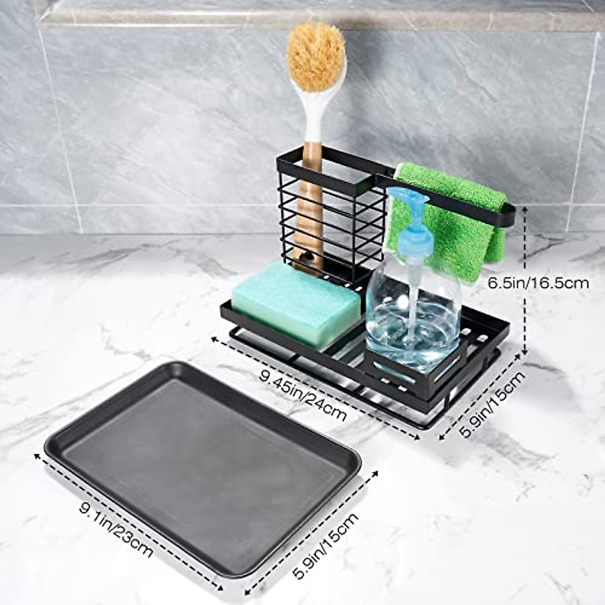 Purboah Sink Caddy Organizer,Kitchen Caddy for Sponge Dishcloth Brush Holder with Black Drain Tray and 2 Sponges 304 Stainless Steel Rustproof