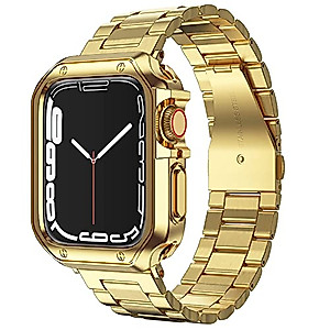 Compatible with Apple Watch Band and Case, Stainless Steel Metal Chain with TPU Cover, Smart-Watch Link Bracelet Strap, Wrist-Band for i-Watch Series 8 7 6 5 4 3 2 1 SE SE2, 45mm 44mm 42mm, Gold