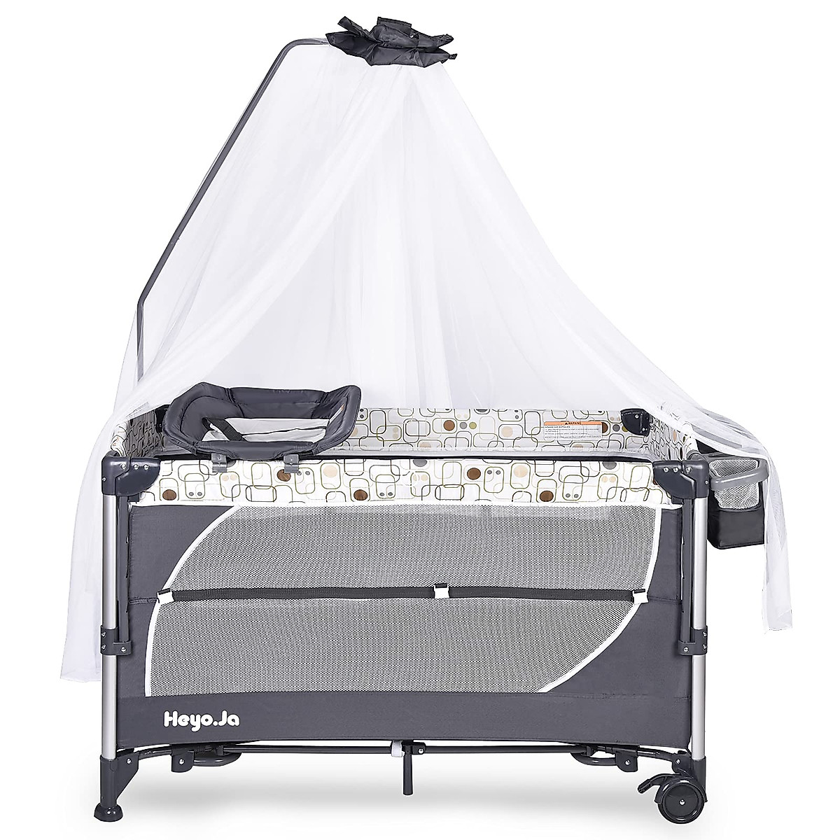 Heyo.Ja Double Layer Baby Portable Playard, 5 Height Adjustable Crib,Changing Table, Foldable Bassinet Bed with Luxury Mosquito Net,Toys Bag,Wheels & Brake, Game Entrance for Boys Girls(Grey)