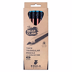 Koala Tools | Bear Claw Pencils (pack of 6) - Fat, Thick, Strong, Triangular Grip, Graphite, 2B Lead with Eraser - Suitable for Kids, Art, Drawing, Drafting, Sketching & Shading