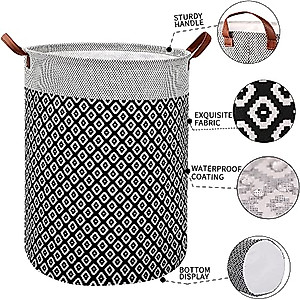 [2 Pack] Large Laundry Hamper Basket, 63L Freestanding Waterproof Clothes Basket, Collapsible Round Bohemia Storage Organizer with Leather Handles for Dirty Clothes, Home Storage (Black)