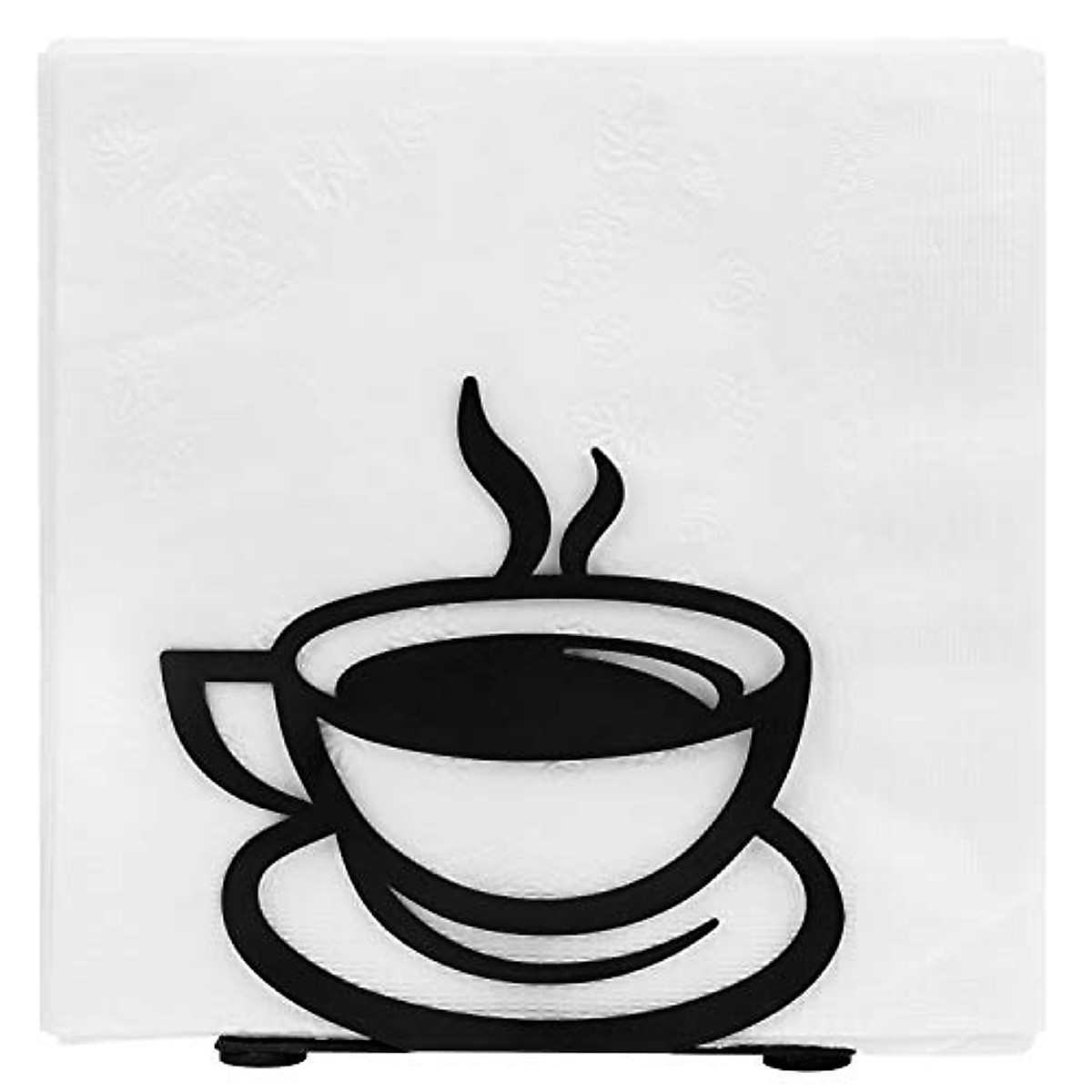MyGift Black Metal Upright Dining Table Napkin Holder with Cafe Steaming Cup Cutout Design, Countertop Kitchen Coffee Bar Decor
