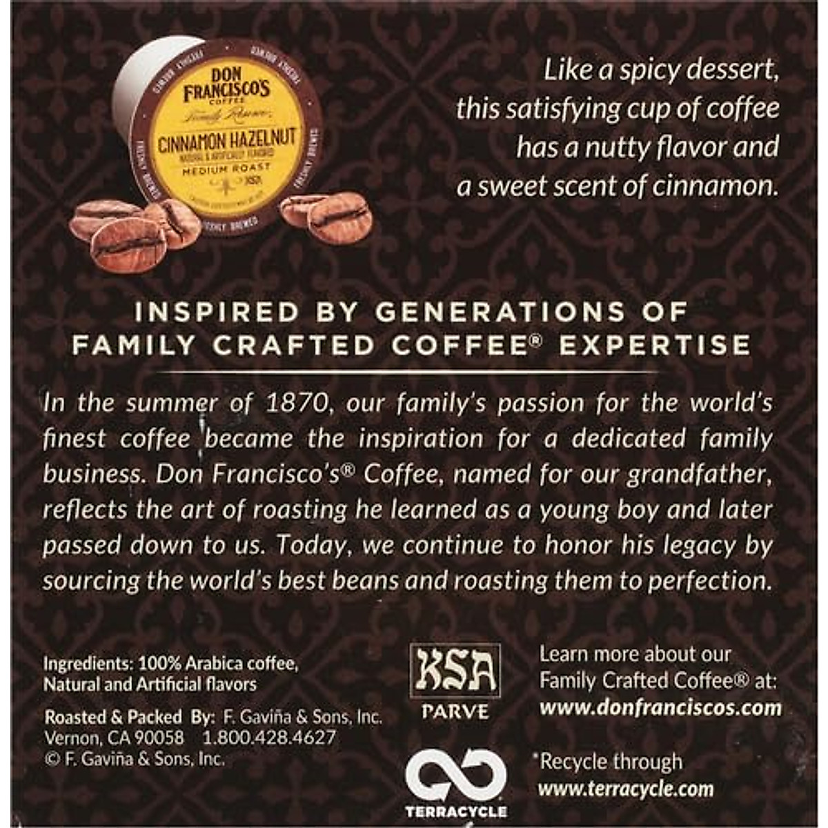 Don Francisco's Hazelnut Flavored K-Cup, Cinnamon, 12 Count