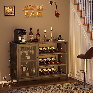 Homieasy Wine Bar Cabinet with Power Outlets, Industrial Bar Cabinets for Liquor and Glasses, Farmhouse Mini Coffee Bar Liquor Cabinet Bar for Home with Removable Wine Racks, Balck Oak