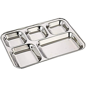 Khandekar Pack of 4 Stainless Steel Lunch Plate, 5 Compartment Thali, Food Divided Plates, Dinner Plate Set, Outdoor Camping and Everyday Use
