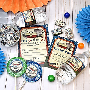 Amanda Creation Deluxe Gone Fishing REELY Fun Birthday Party Bundle Includes 20 Invitations & Thank You Cards with Envelopes + 3 Different Sizes of Stickers & Water Bottle Labels!
