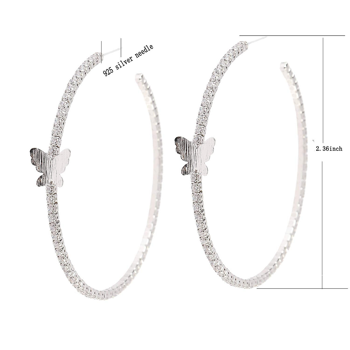 YILIBAO Silver Large Hoop Earrings Round Circle Cubic Zirconia Loop Earrings for Women (Butterfly White Gold)