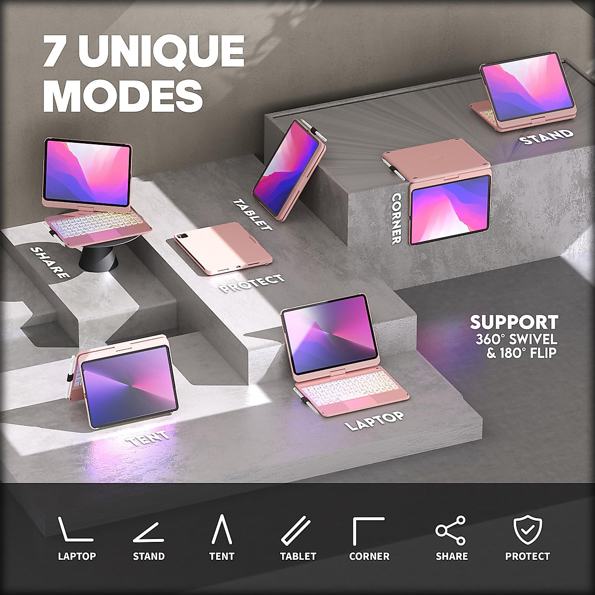 BABG Keyboard Case for iPad Air 11(M2,2024)&iPad Pro 11 inch (4th/3rd/2nd/1st) Gen&iPad Air 5th&4th Gen,360°Swivel,Multi-trackpad,Backlit Keyboard-Rose Gold