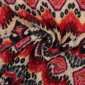 Ecru Gold Aztec Tribal Pattern Printed Waffle Brushed Poly Spandex Fabric