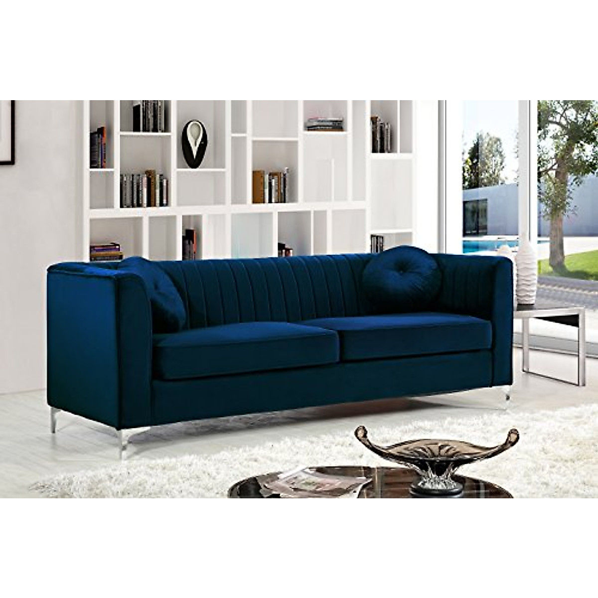Meridian Furniture Isabelle Collection Modern | Contemporary Channel Tufted, Velvet Upholstered Sofa with Custom Chrome Legs, Navy, 86.5" W x 35.5" D x 31" H