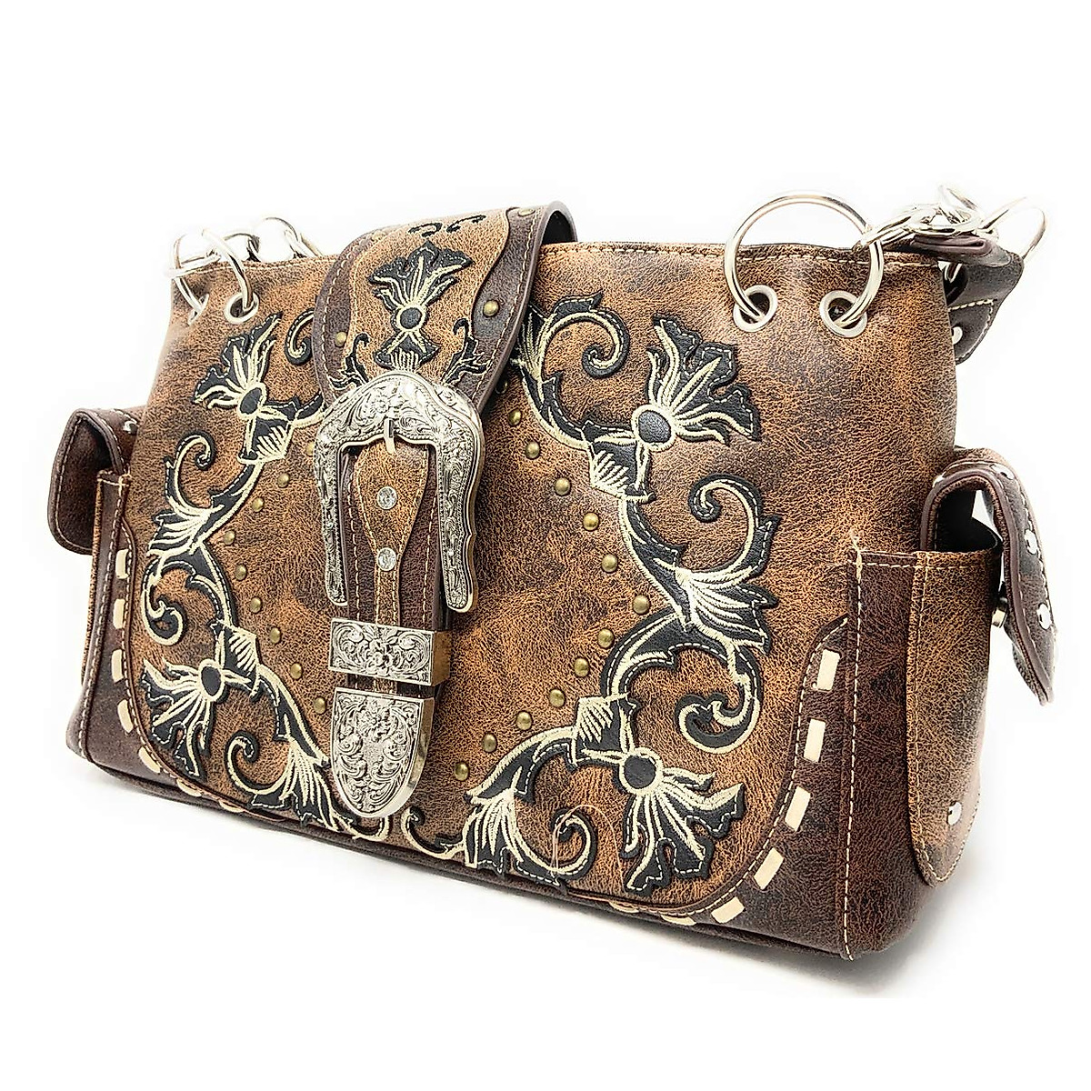 Premium Western Rhinestone Concealed Carry Buckle Floral Womens Shoulder Handbag Purse in Multi Color (Brown)