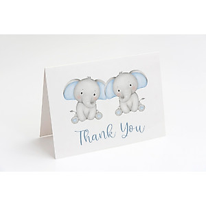 The Invite Lady Elephant Baby Shower Thank You Cards Watercolor Twins Unisex Gender Neutral Girl Boy Blue Pink Little Peanut Sprinkle Printed Folding Notes (24 Count)