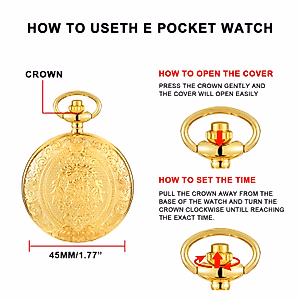 Realpoo Gold Large Decorative Flower Pattern Pocket Watch White Roman Numeral Scale Quartz Pocket Watches for Men with Chain