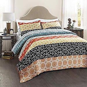 Lush Decor Bohemian Striped Quilt Reversible 3 Piece Colorful Boho Design Bedding Set, King, Turquoise